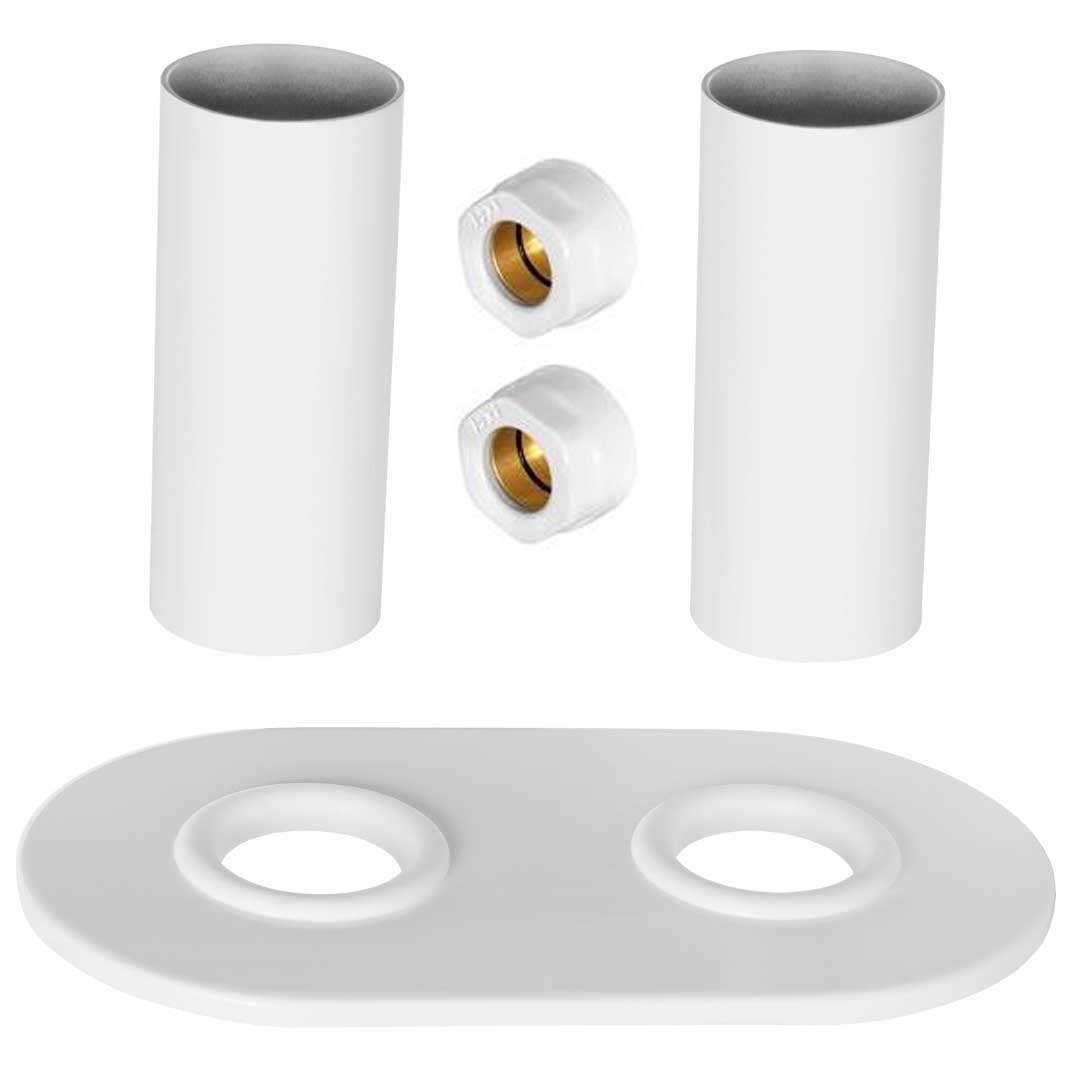 Metal Double Radiator Pipe Cover With Sleeves And Pipe Fittings 2 x PEX Fittings White