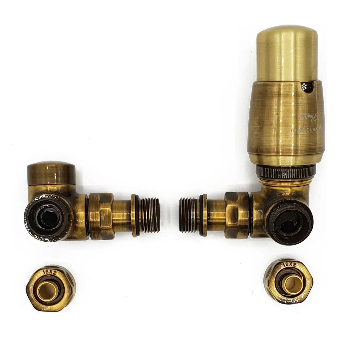 Antique Lockshield Angled Thermostatic Radiator Valve Set